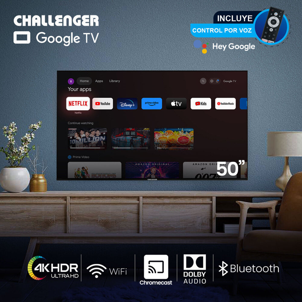 Televisor 50" Challenger 4K Google TV HDR10 con Bluetooth, Chromecast y ...