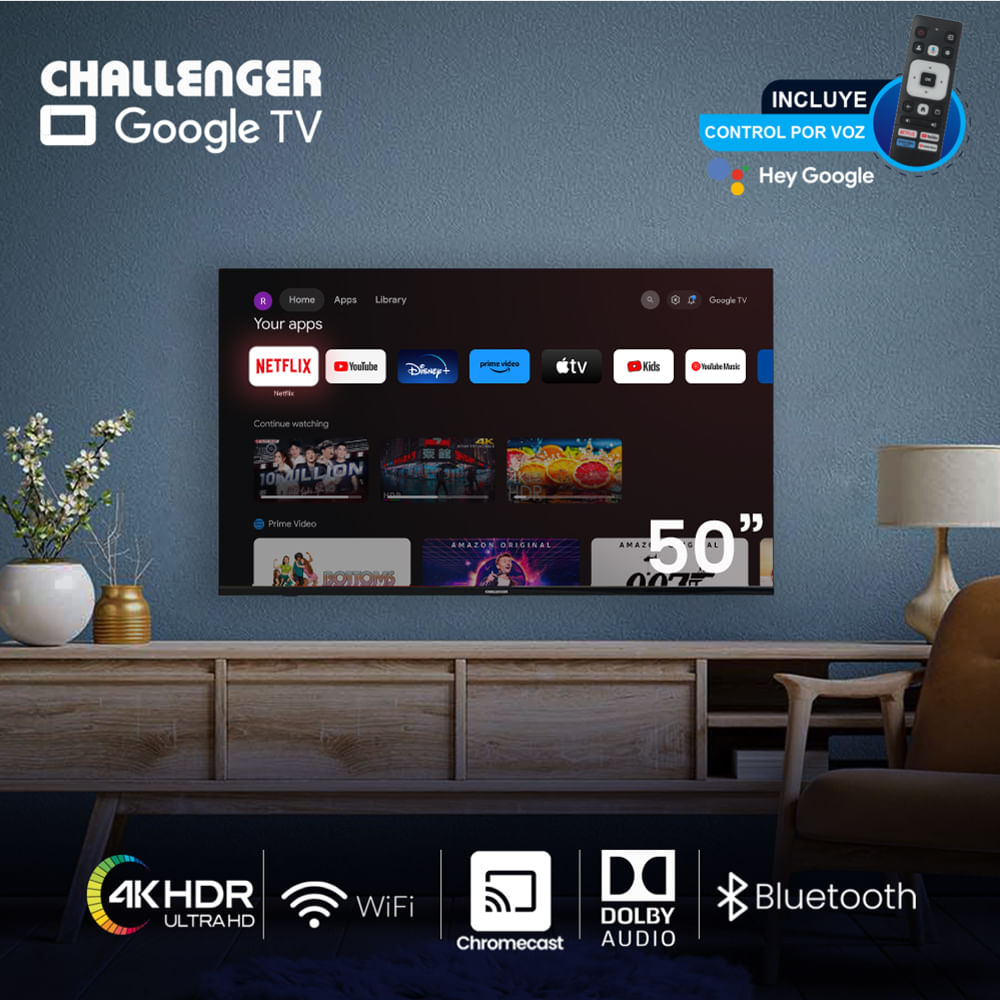 Televisor 50" 4K HDR Google TV con Bluetooth, WIFI, Chromecast y Control por voz. Incluye ...